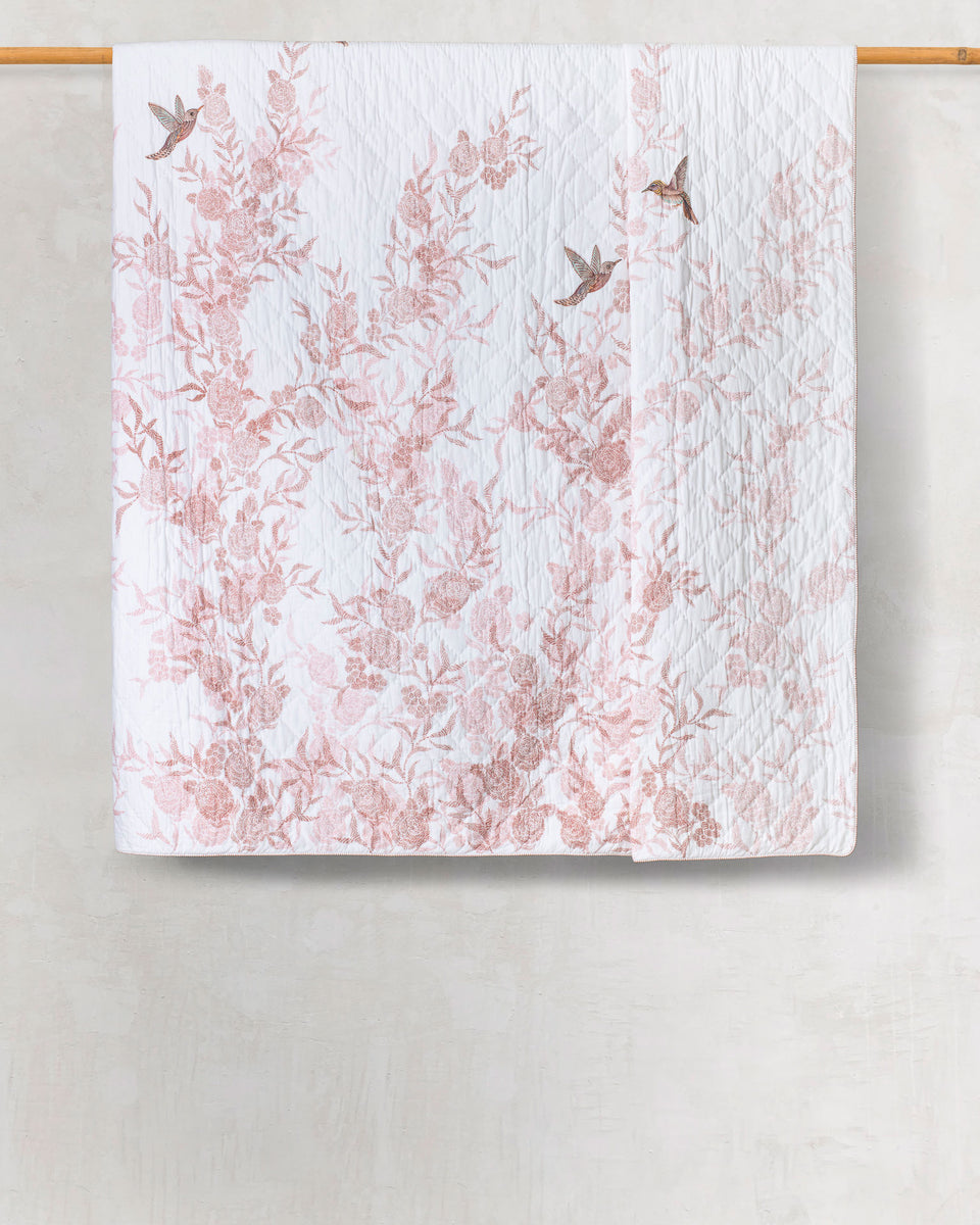 White Pale Pink Rose Bush Hand Painted Birds Quilt – Rasa Jaipur